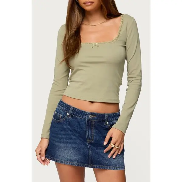 EDIKTED Mora Lace Trim Knit Top - Sage