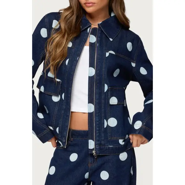 EDIKTED Leyah Polka Dot Oversize Denim Jacket - Dark-blue