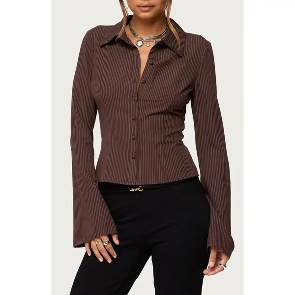 EDIKTED Pinstripe Tailored Button-up Shirt - Brown