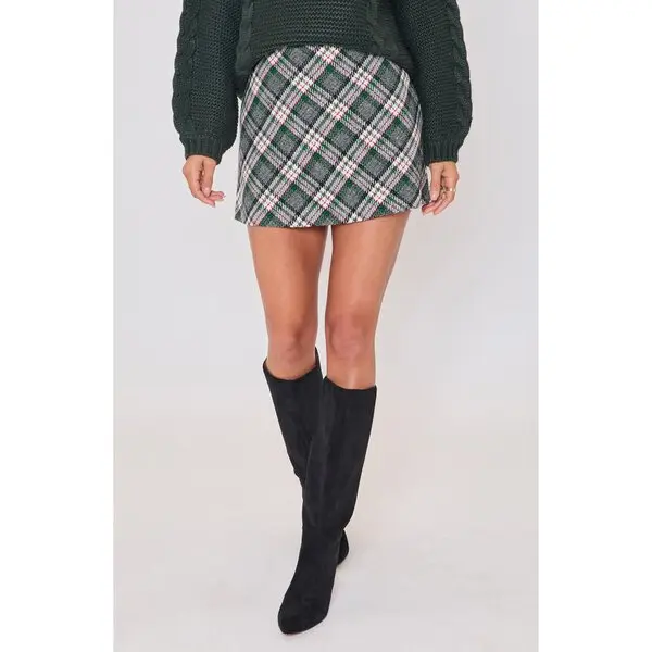 VICI Laci Plaid Mini Skirt - Ivory/green
