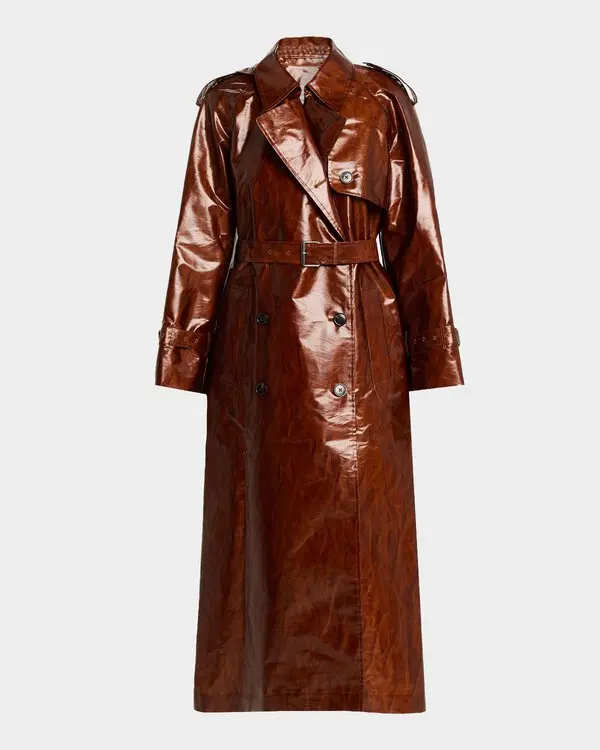 Dries Van Noten Ristos Shiny Coated Belted Trench Coat - Rust