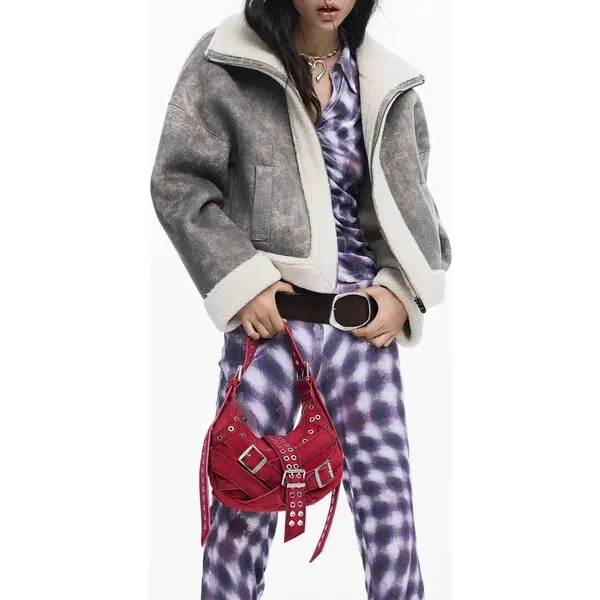 Desigual Mixed Media Faux Leather Jacket With Faux Shearling Trim