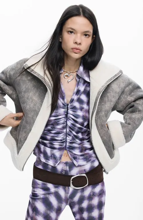 Desigual Mixed Media Faux Leather Jacket With Faux Shearling Trim