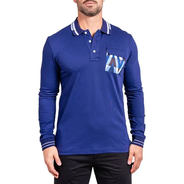 MACEOO Ascension 0080 Tipped Long Sleeve Polo - Blue