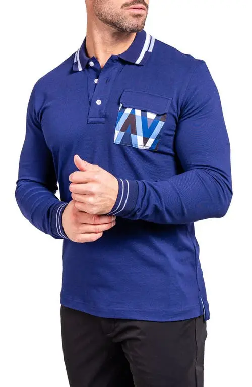 MACEOO Ascension 0080 Tipped Long Sleeve Polo - Blue