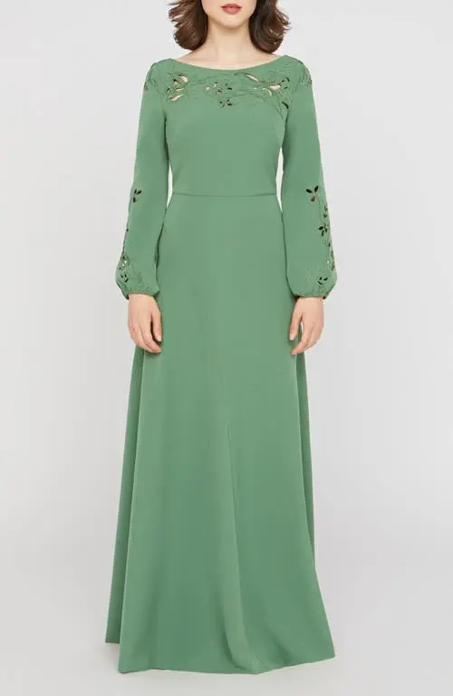 KAY UNGER Valentina Embroidered Long Sleeve Gown