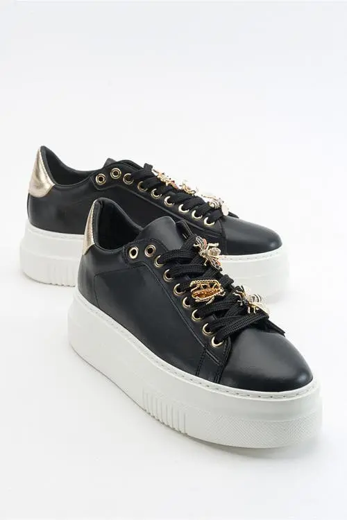 PROLOGUE SHOES Embellished Leather Sneakers - Black Faux Leather
