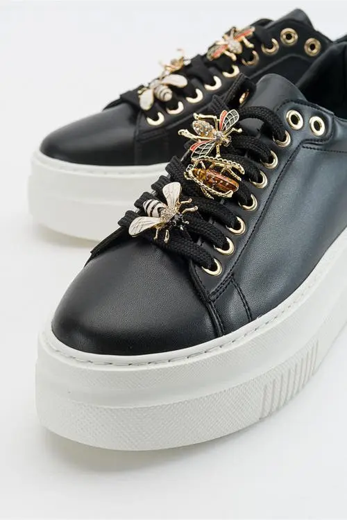 PROLOGUE SHOES Embellished Leather Sneakers - Black Faux Leather
