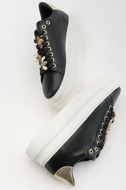 PROLOGUE SHOES Embellished Leather Sneakers - Black Faux Leather