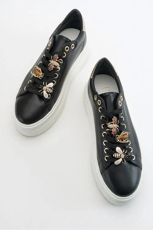 PROLOGUE SHOES Embellished Leather Sneakers - Black Faux Leather