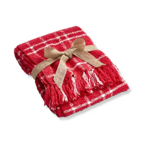 TAG Merry Plaid Acrylic Decorative Throw And White Fringe - Red