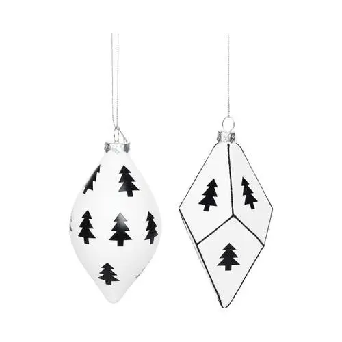 CAROL & FRANK Black & Tree Pattern Ornament Set Of 2 - White
