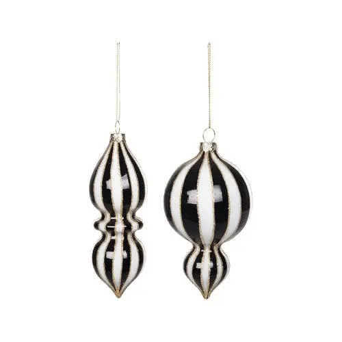 CAROL & FRANK Black & Stripe Set Of 2 Christmas Ornaments - White