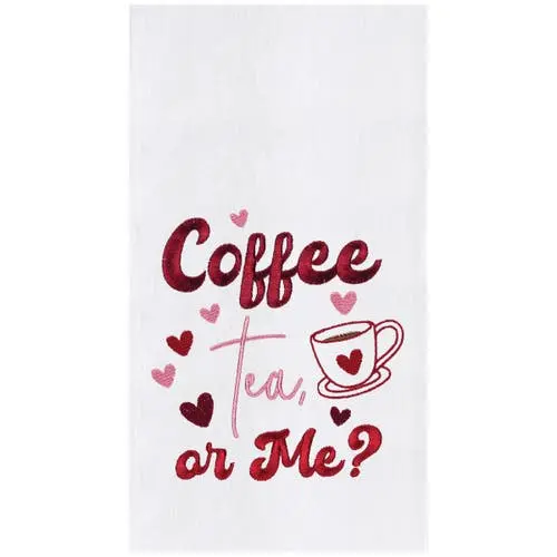 C&F HOME Coffee Tea Or Me" Embroide 100% Cotton Flour Sack Valentine's Day Dishtowel - Red