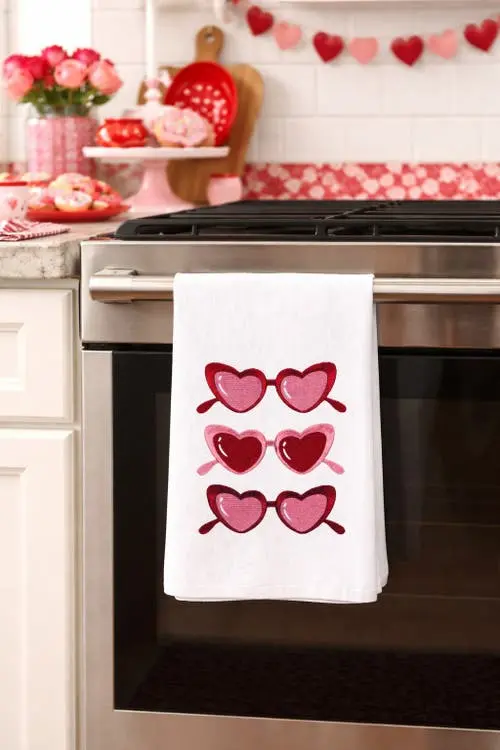 C&F HOME Heart Glasses Embroidered 100% Cotton Flour Sack Valentine's Day Dishtowel