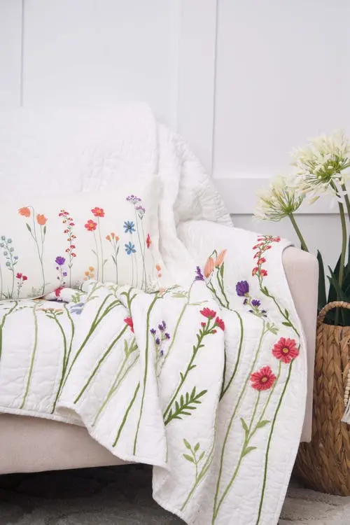 C&F HOME 50" X 60" Botanical Field Floral Embroidered Quilted Throw Blanket