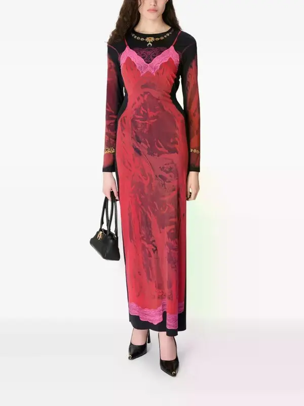 marine dress red Long Dark Red Dress With Marine Print in Red for Women