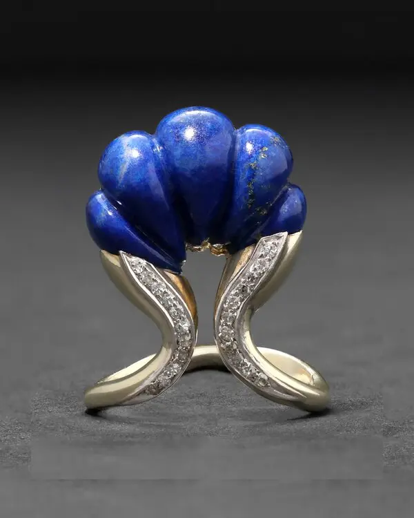 Alexis Bittar Vintage 1960s Two Tone Lapis And Diamond Ring - Gold