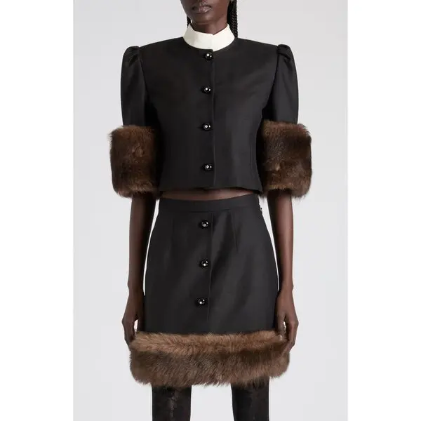 Valentino Garavani Genuine Shearling Trim Silk Shantung Jacket