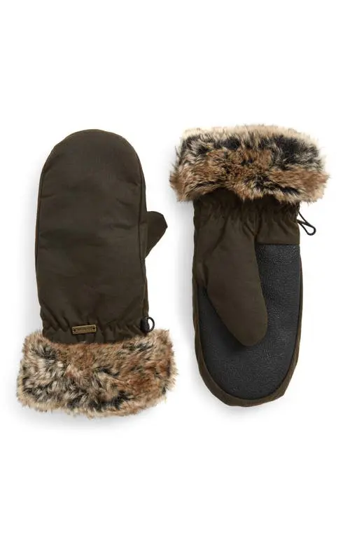 Barbour Waterproof Waxed Cotton Mittens With Faux Fur Cuffs - Olive