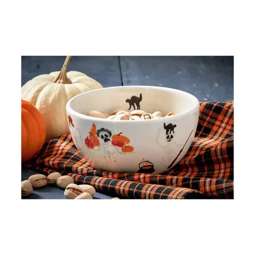 TAG Dancing Skeleton Ceramic Serving Bowl Halloween Multicolor