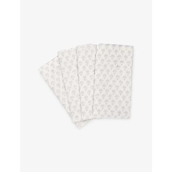 THE WHITE COMPANY Sofia Block-print Linen And Cotton-blend Napkins Set Of Four - White/grey