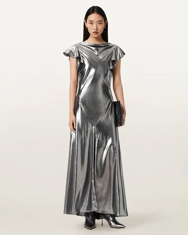 ALLSAINTS Flora Metallic Maxi Dress - Silver