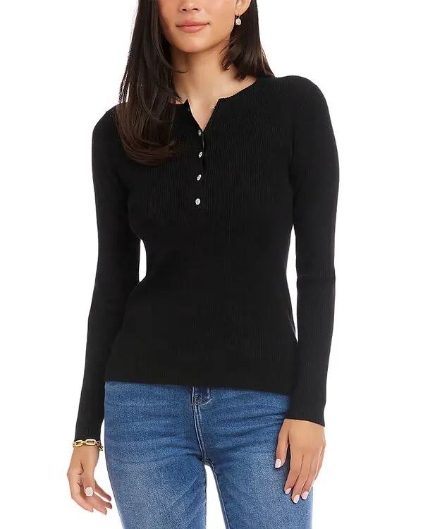 Karen Kane Henley Ribbed Knit Sweater - Black