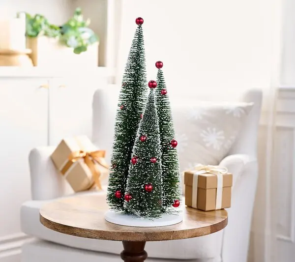 VALERIE PARR HILL As Is 3-piece Bottlebrush Trees W/ Ornaments On Base-valerie - One-color