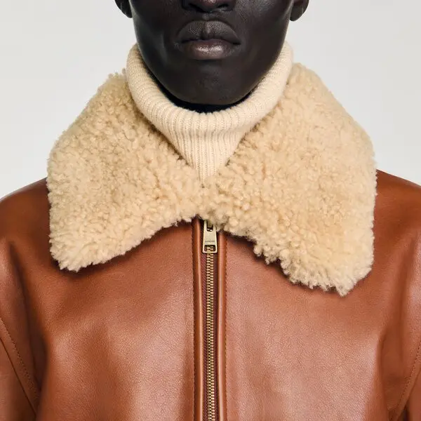 Sandro Leather Jacket With Shearling Collar