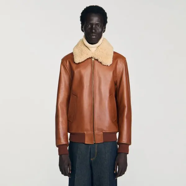 Sandro Leather Jacket With Shearling Collar