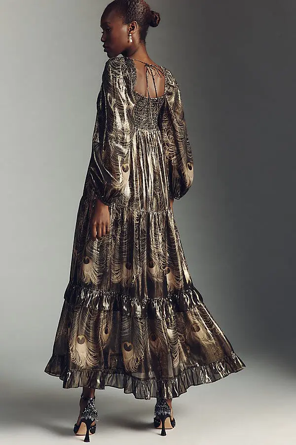 Anthropologie Long-Sleeve Metallic Babydoll Midi Dress In Black Pattern -  82% Off | Editorialist