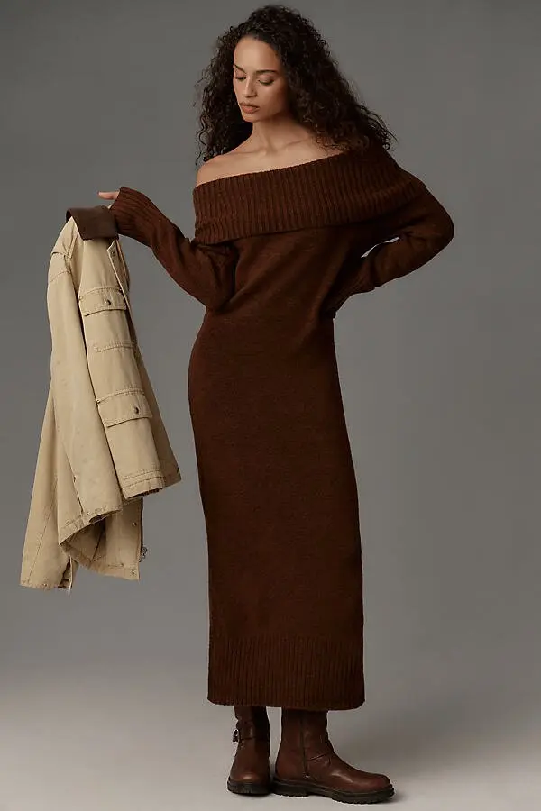 Daily Practice Off-shoulder Foldover Midi Sweater Dress