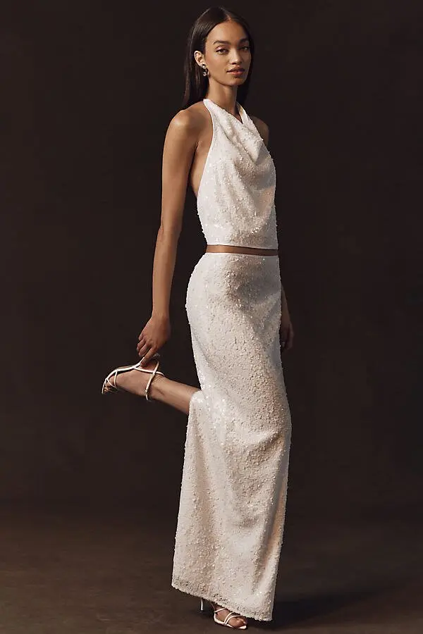 Shona Joy Illusion Sequin A-line Maxi Skirt - Ivory