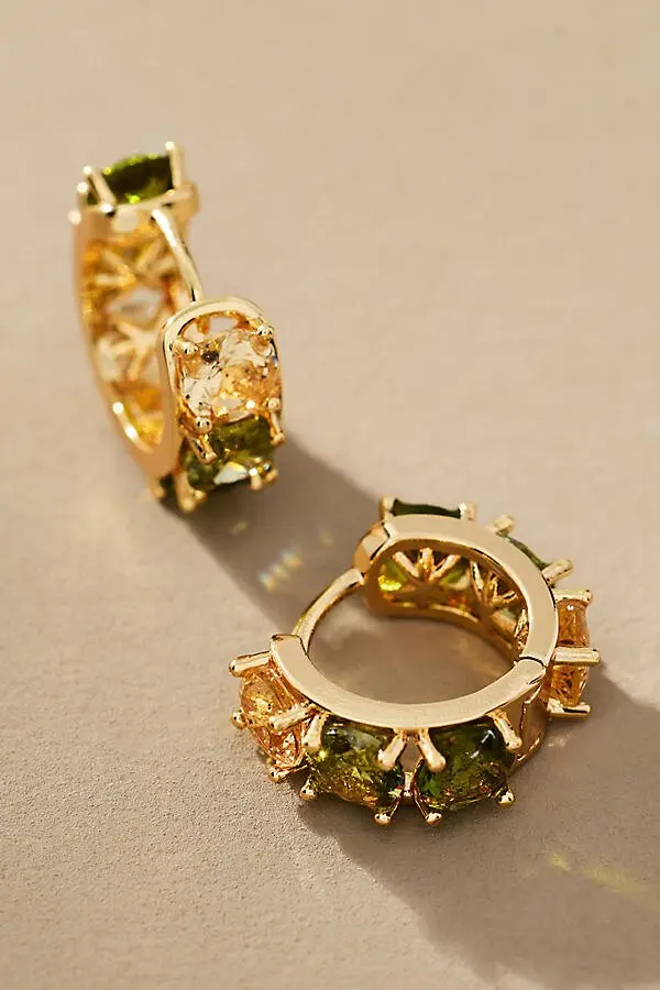 Anthropologie Crystal Mini Huggie Hoop Earrings - Green