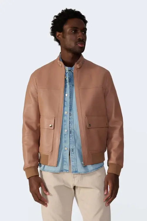 FURNIQ UK Rafe Leather Bomber Jacket - Mocha Mousse
