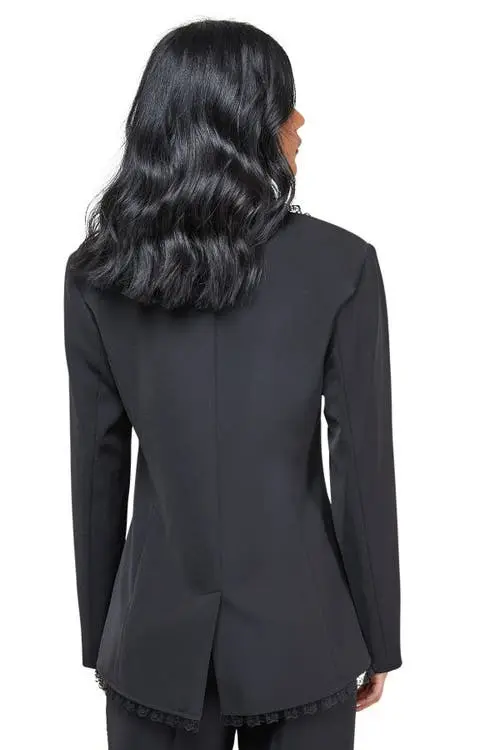WAREHOUSE Oversized Lace Frill Trim Blazer - Black