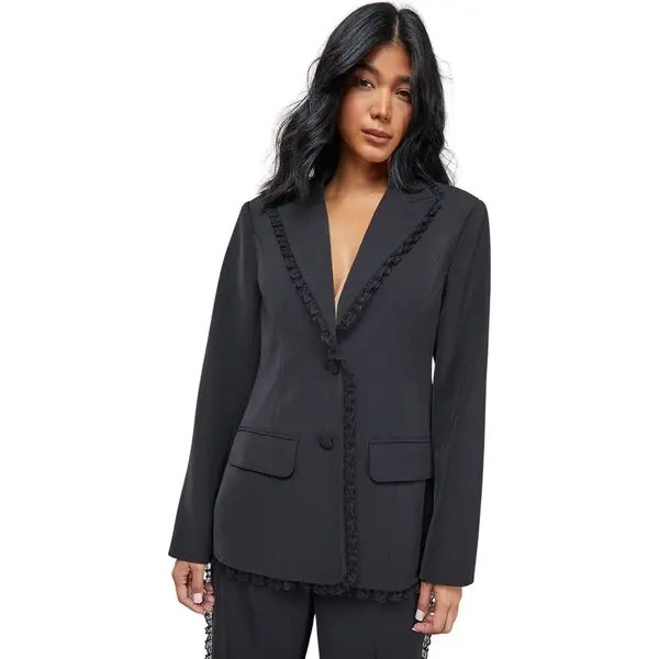 WAREHOUSE Oversized Lace Frill Trim Blazer - Black