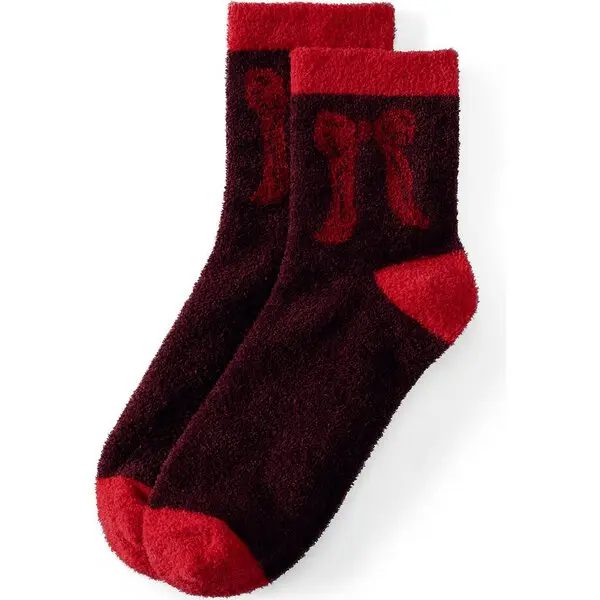 LANDS' END Cozy Micro Crew Socks - Burgundy/red Bow