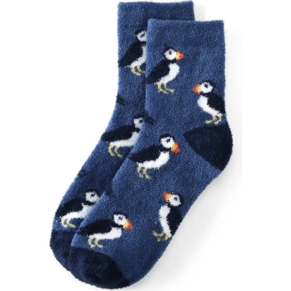 LANDS' END Cozy Micro Crew Socks - Puffins/blue