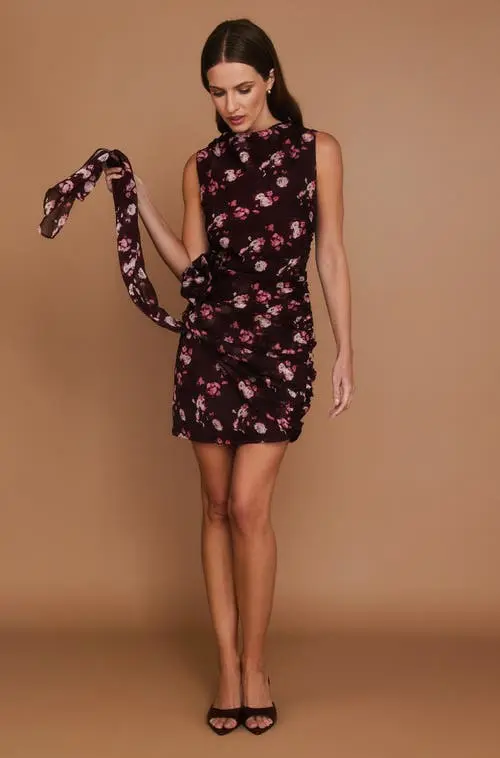 SIX STORIES Floral Coursage Ruched Mini Dress