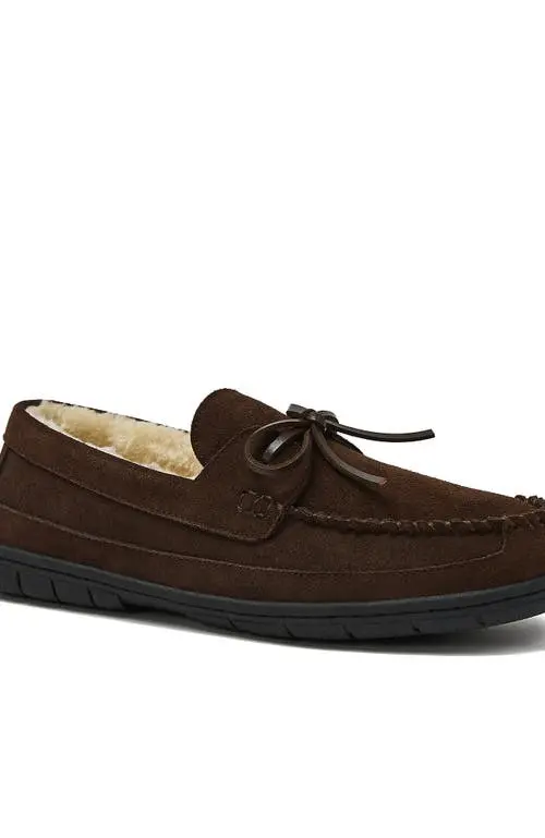LANDS' END Fuzzy-lined Moccasin Slippers - Rich Coffee