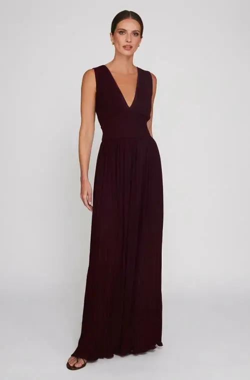 SIX STORIES Pleated Plunge Maxi Dress - Wine