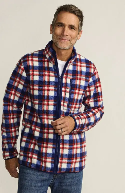 LANDS' END Full Zip High Pile Fleece Jacket - Navy/bourbon Plaid