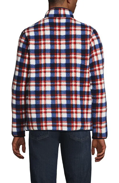 LANDS' END Full Zip High Pile Fleece Jacket - Navy/bourbon Plaid
