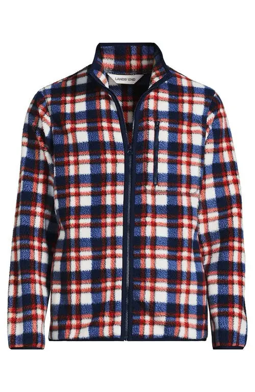 LANDS' END Full Zip High Pile Fleece Jacket - Navy/bourbon Plaid