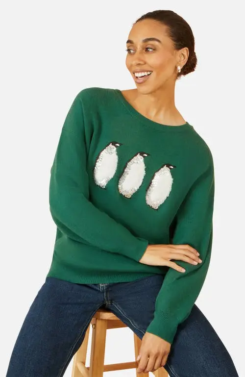 YUMI Penguin Embellished Knitted Jumper - Green