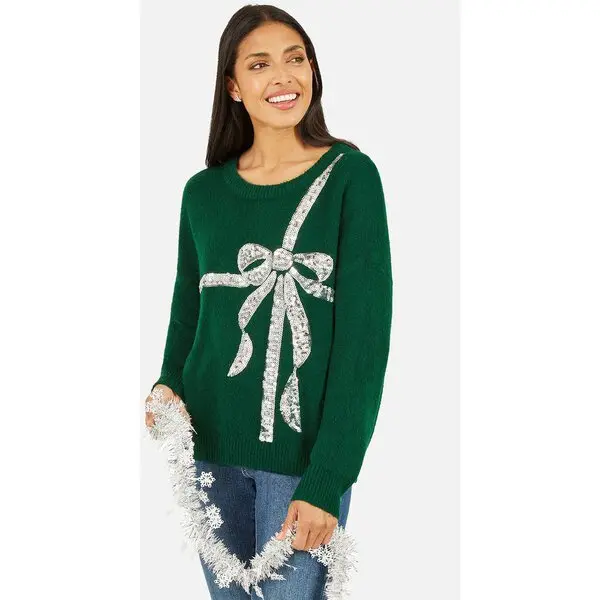 YUMI Sequin Bow Knitted Sweater - Green