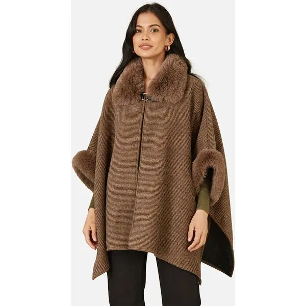 YUMI Luxe Fur Collared Cape Jacket - Brown