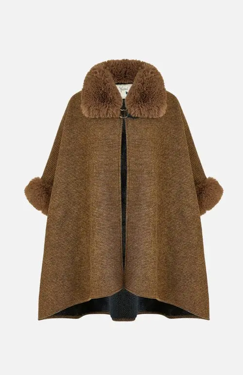 YUMI Fur Collared Cape Jacket - Brown